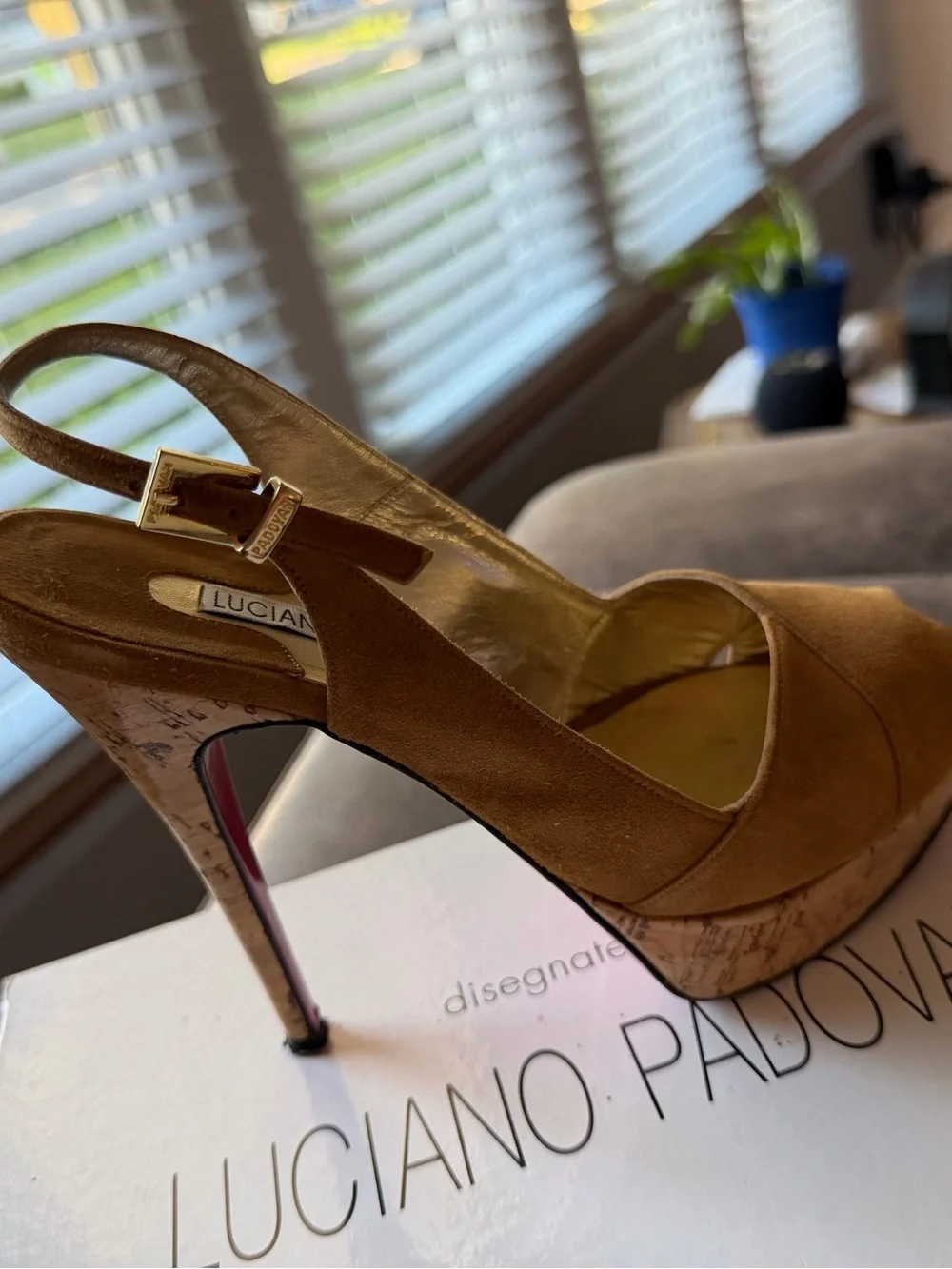 Luciano Padovan | Shoes | Tan Suede Cork Platform Slingback Heels ...